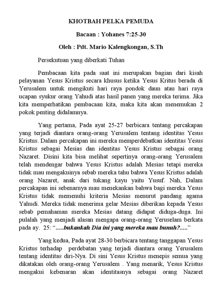 Khotbah Pelka Pemuda Sinode | PDF