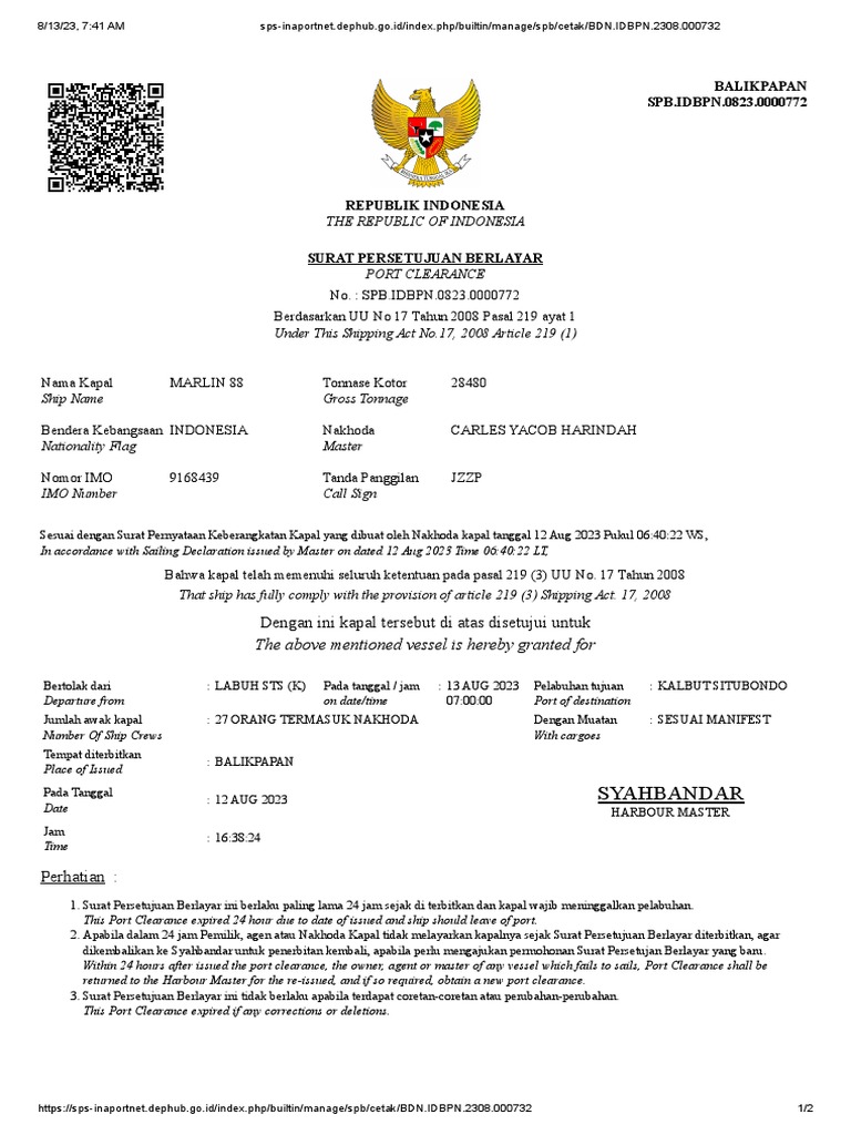 Surat Persetujuan Berlayar Kapal | PDF