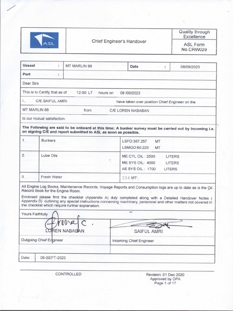 Chief Engineer's Hand Over 002 | PDF