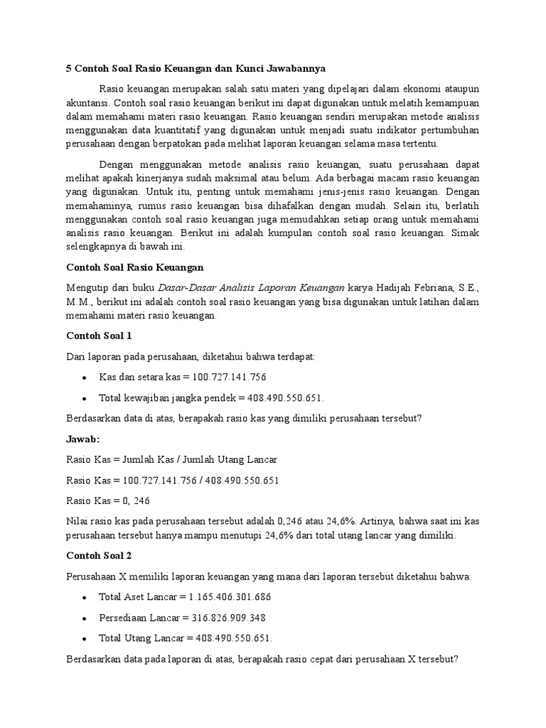 5 Contoh Soal Rasio Keuangan Dan Kunci Jawabannya | PDF