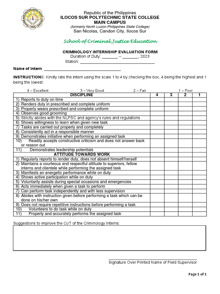 Criminology Internship Evaluation Form | PDF