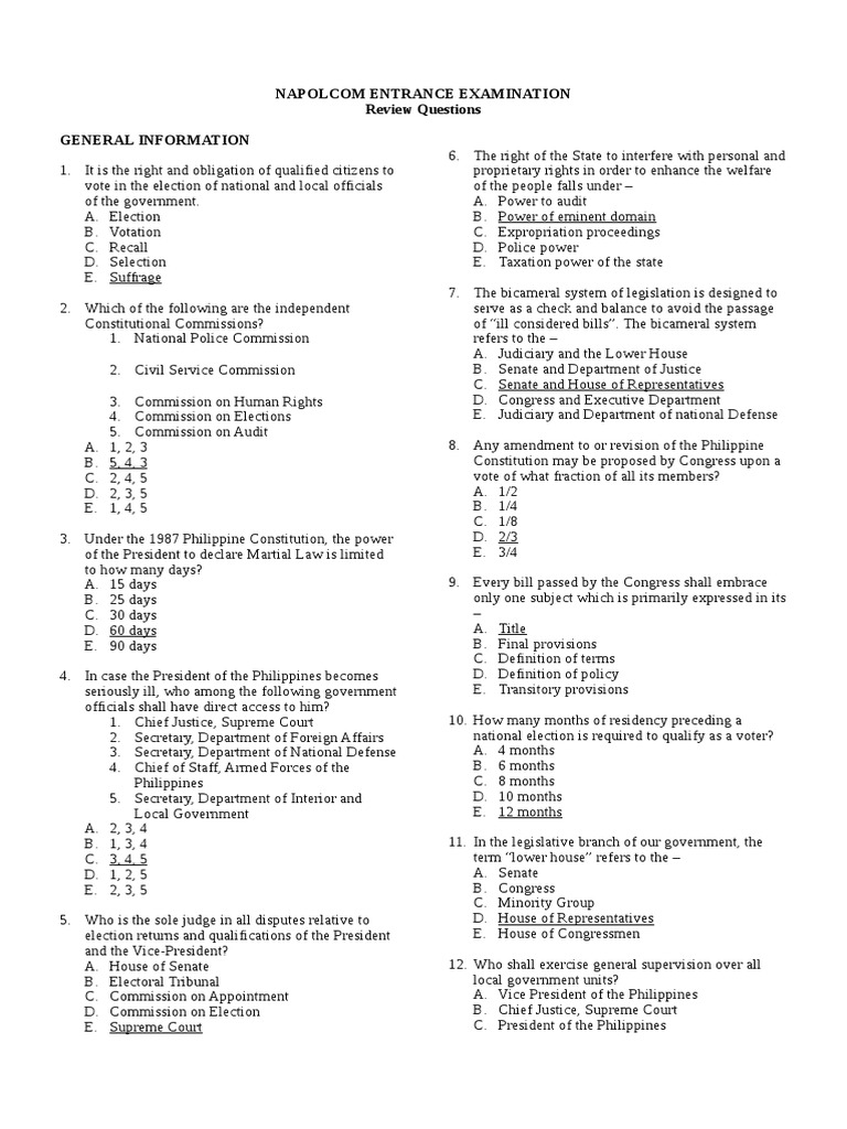 NAPOLCOM Sample Questionaire | PDF | United States Congress | American ...