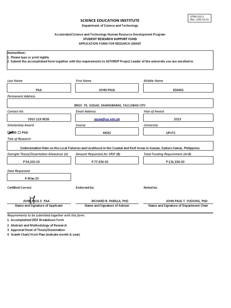 STSD 215 2 SRSF Research Grant Application Form Rev1 | PDF | Thesis | Doctor Of Philosophy