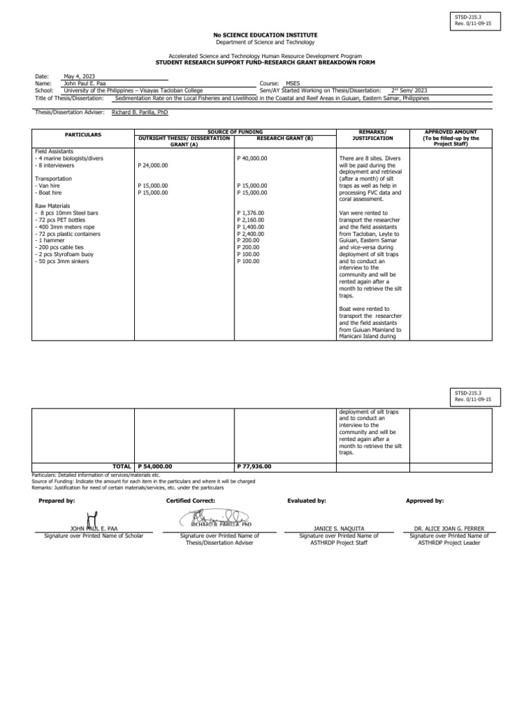STSD 215 3 - SRSF Research Grant Breakdown Form - Rev1 | PDF | Thesis ...