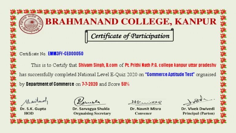 Certificate For Shivam Singh For - BRAHMANAND COLLEGE, KANPUR | PDF