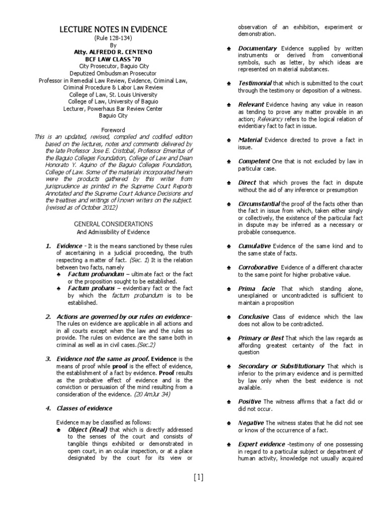 Lecture Notes in Evidence-Bar | PDF | Evidence (Law) | Judicial Notice