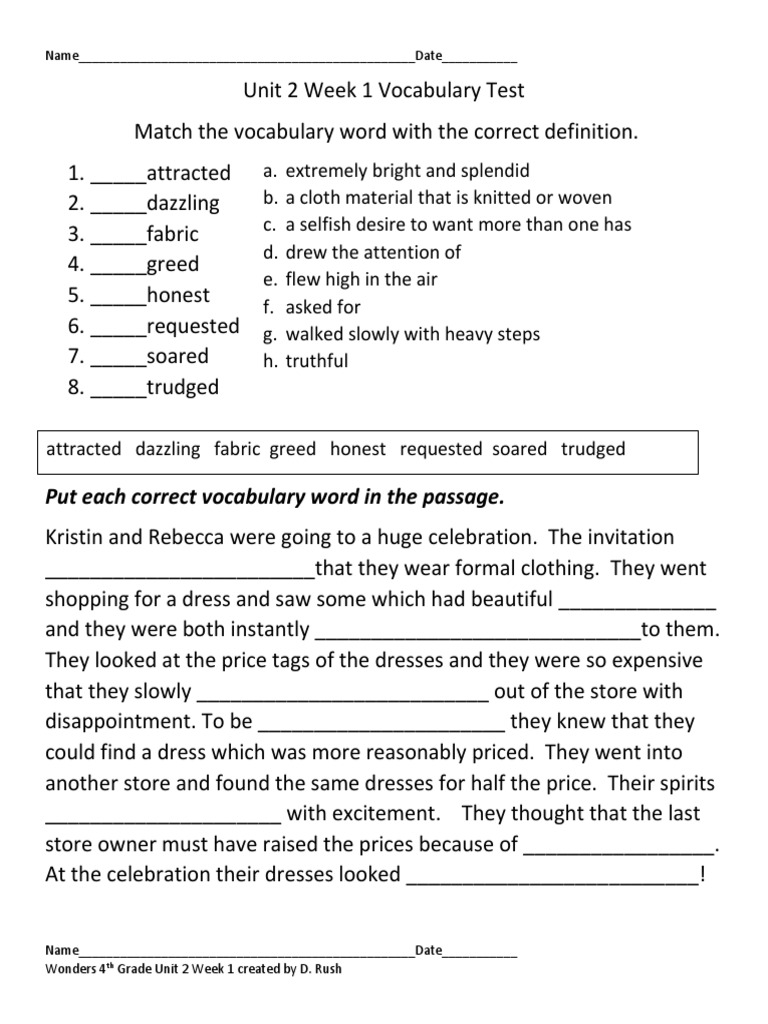 4th Grade Vocabulary Test Unit 2 Week 1 | PDF | Clothing