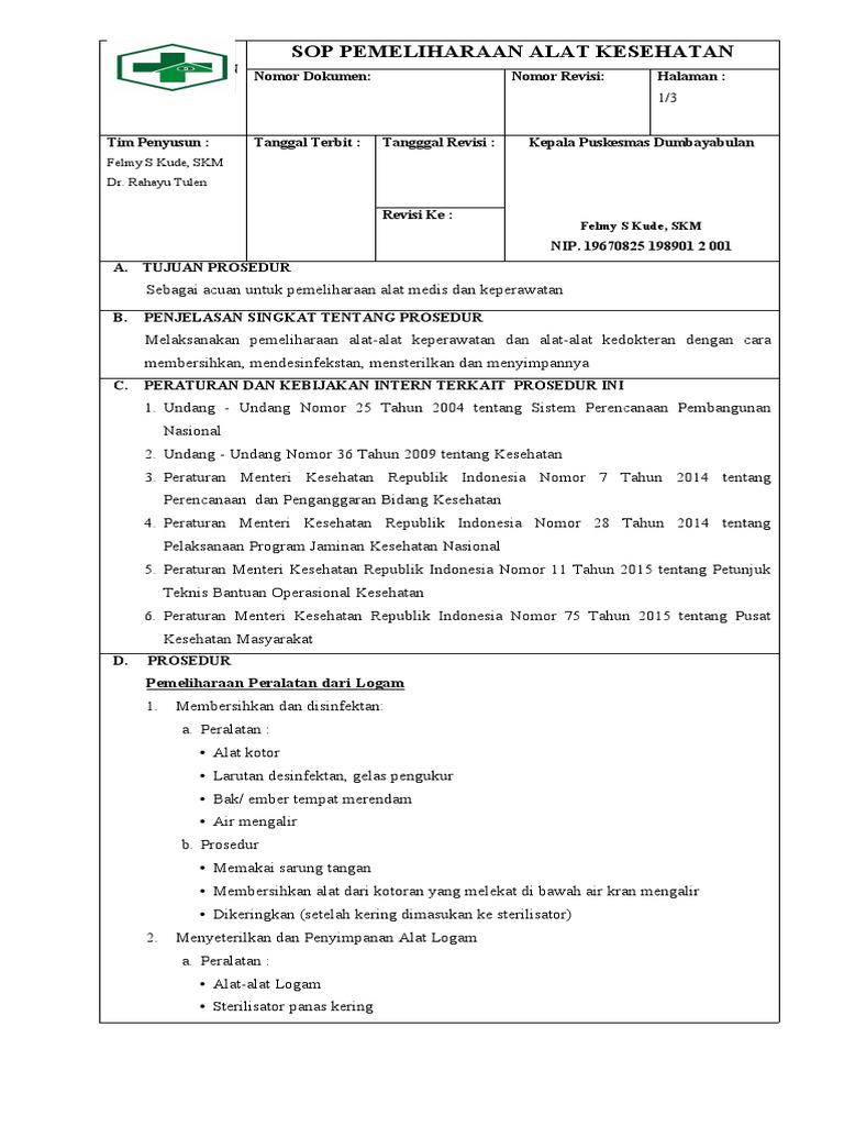 SOP Pemeliharaan Alat Kesehatan | PDF
