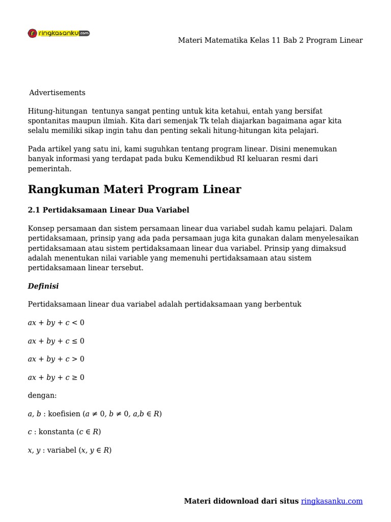 Materi Matematika Kelas 11 Bab 2 Program Linear | PDF
