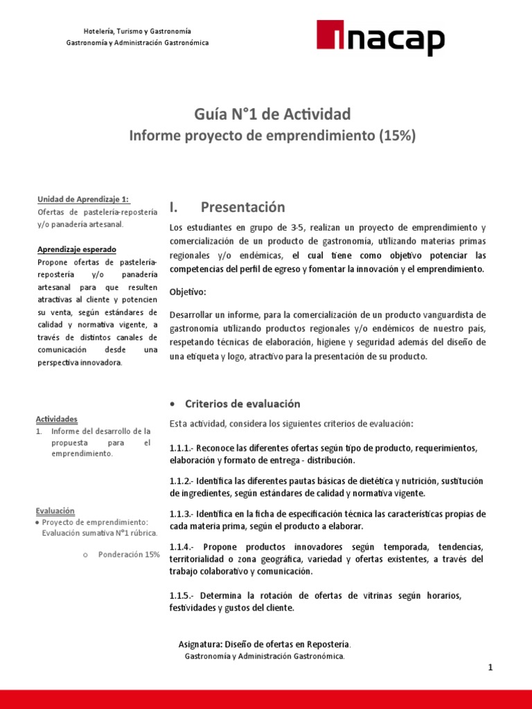 Guía N°1 - Proyecto Emprendimiento | PDF | Iniciativa empresarial | Evaluación