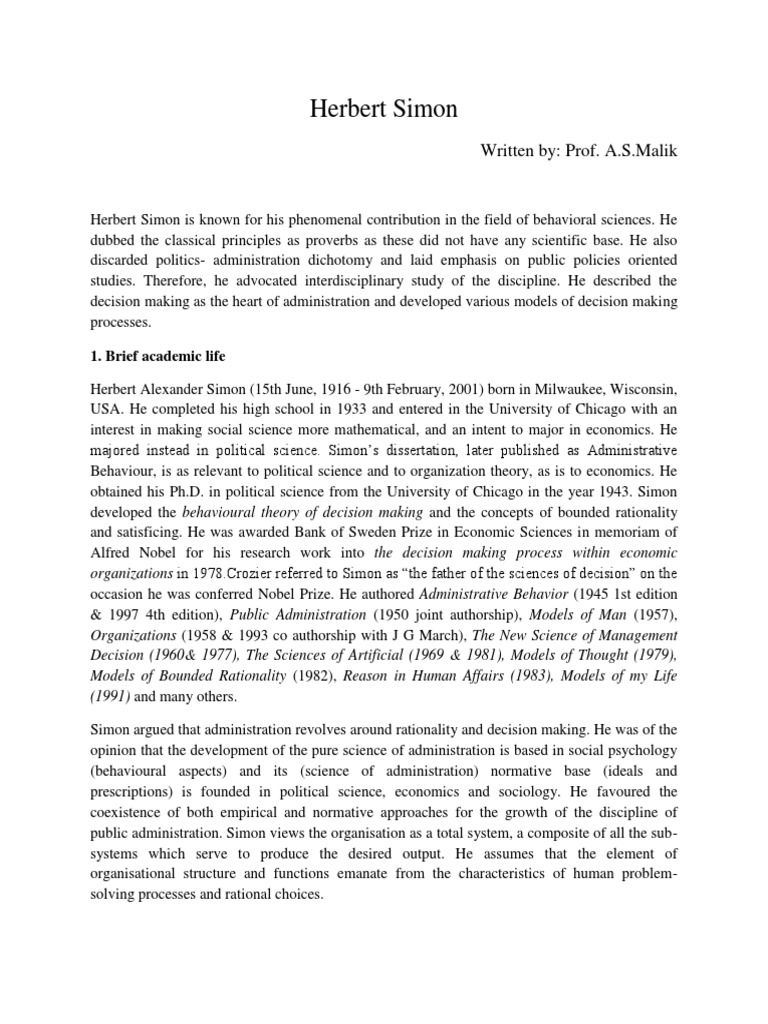 Herbert Simon: Written By: Prof. A.S.Malik | PDF | Rationality ...