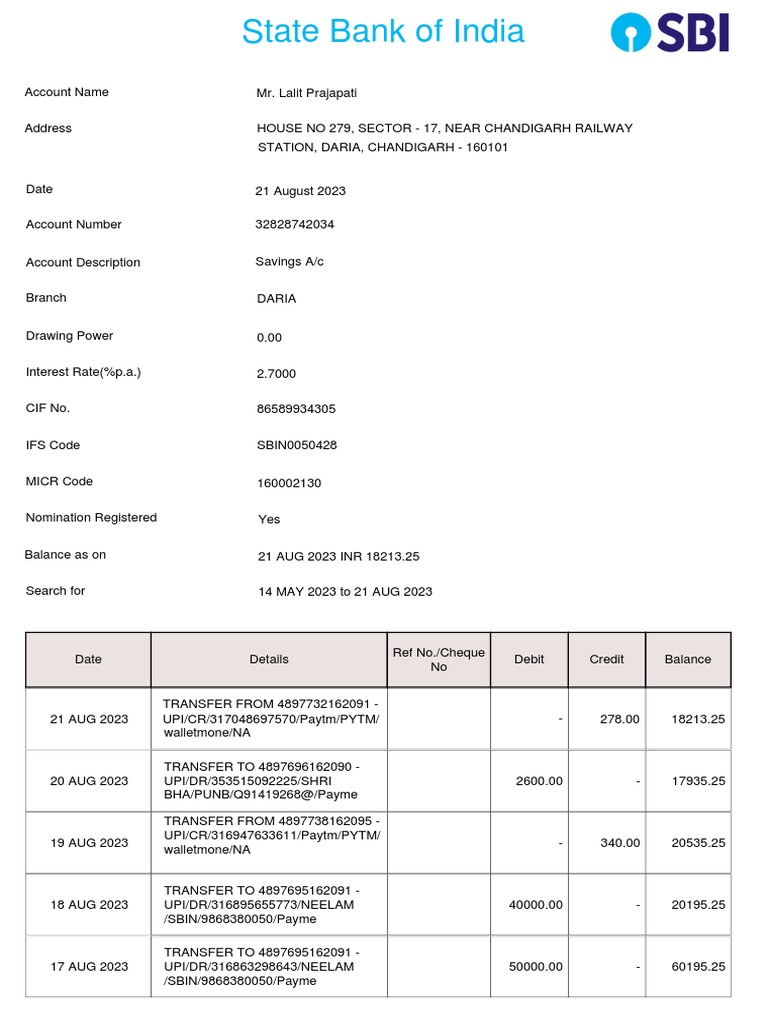 SBI Bank Statement Summary 2023 | PDF | Payments | Debits And Credits