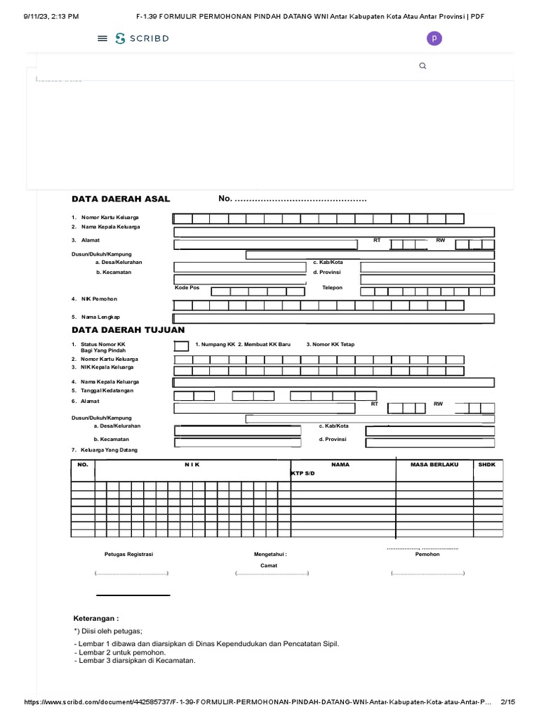 F-1.39 FORMULIR PERMOHONAN PINDAH DATANG WNI Antar Kabupaten Kota Atau Antar Provinsi - PDF | PDF