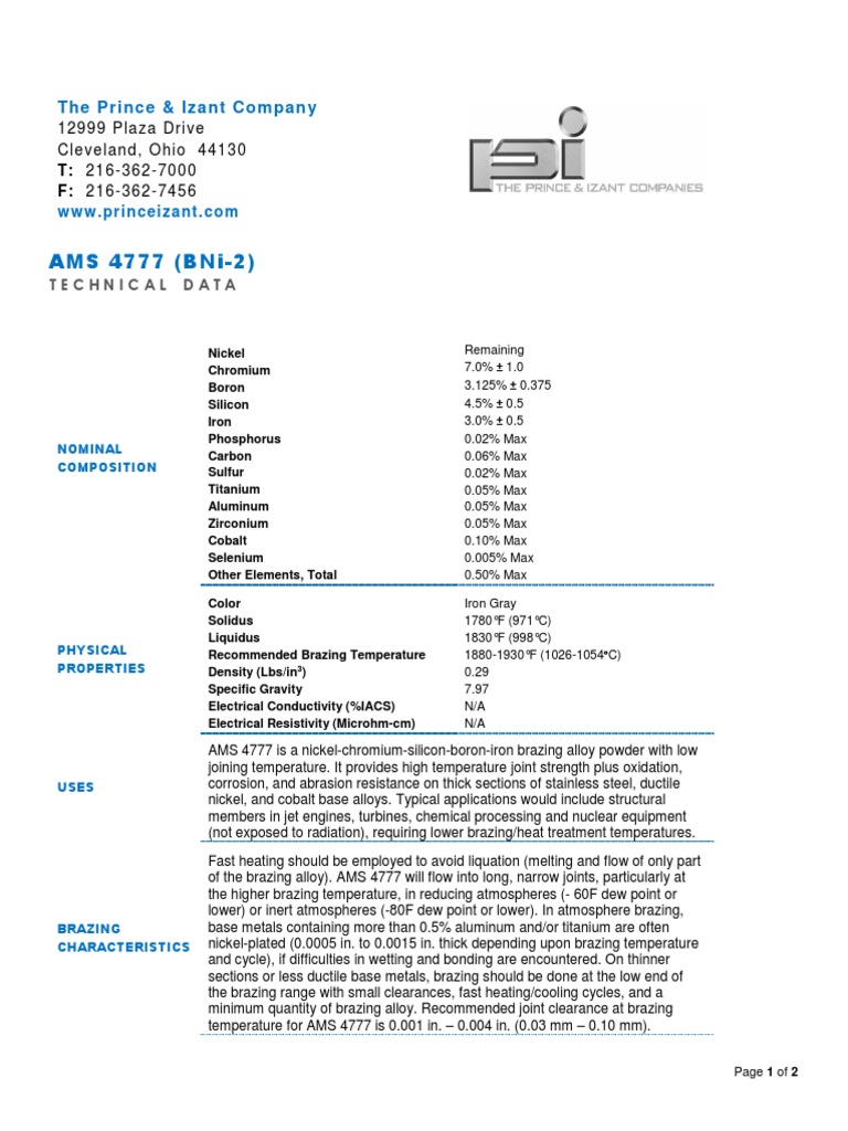 AMS 4777 BNi-2 TDS | Download Free PDF | Alloy | Chemical Elements
