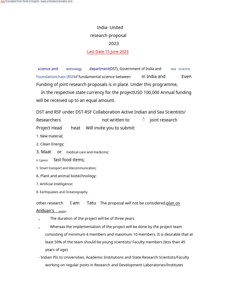 DST-RSF Joint Research Proposal 2023 | PDF | Science & Mathematics