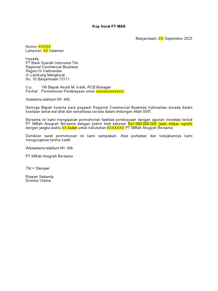 Draft Surat Permohonan ITSM PT Miftah Anugrah Bersama. | PDF