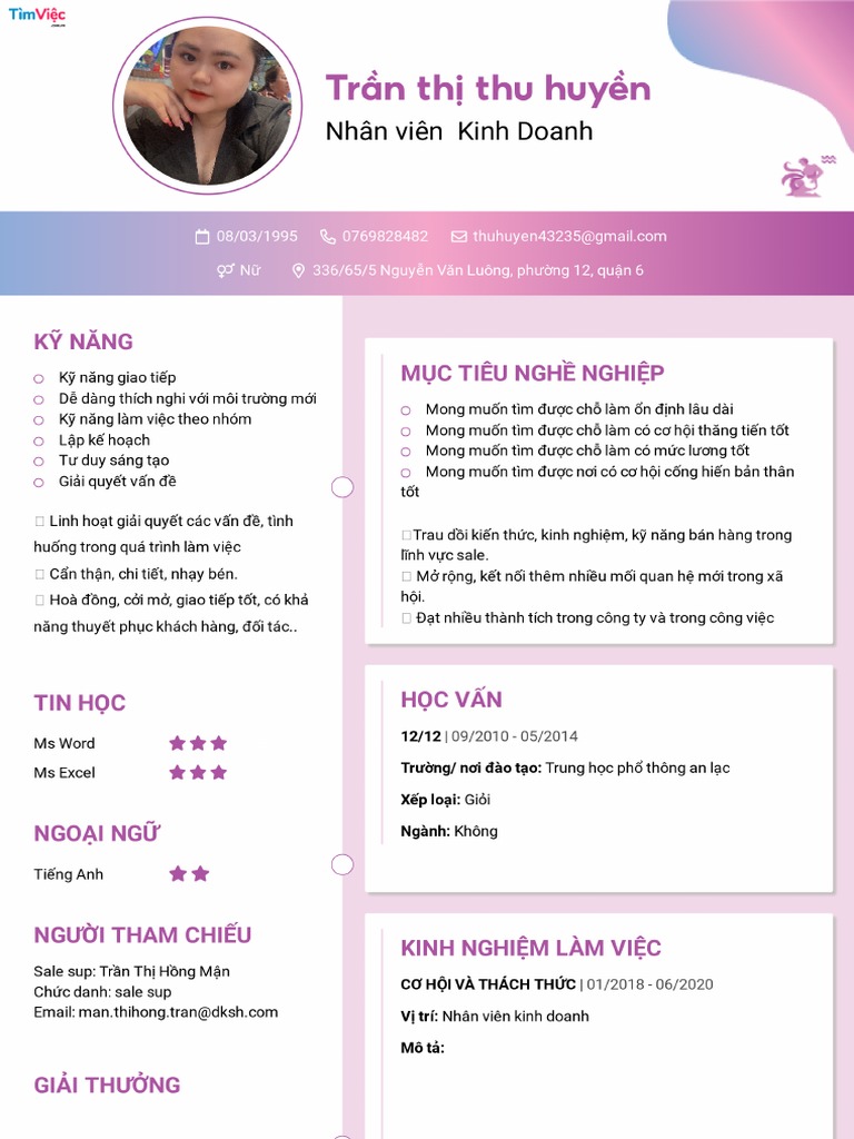 CV Thu Huyền-Sale MT | PDF