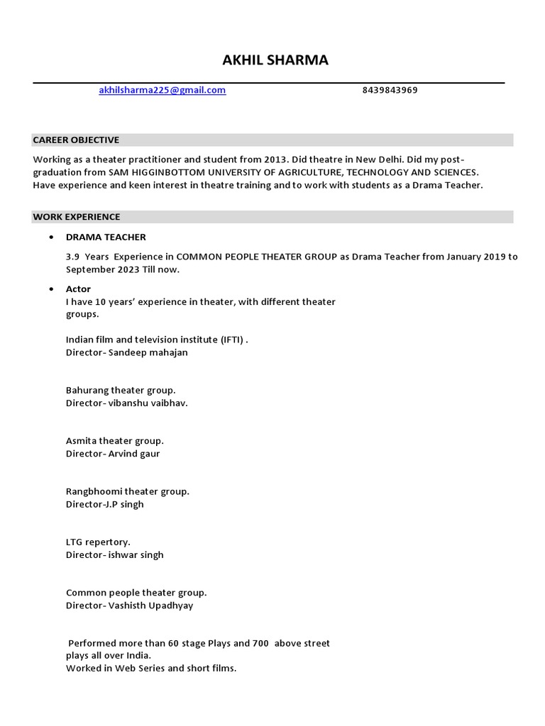 Akhil Sharma (Drama Teacher) | PDF | Theatre