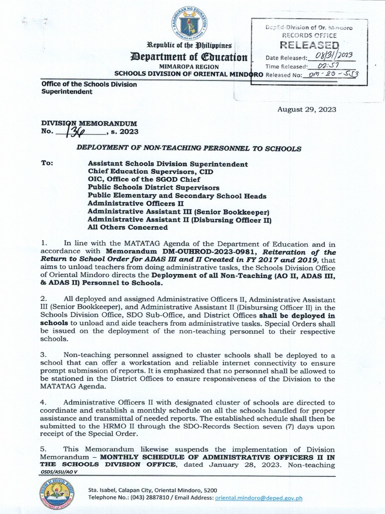 DM136 Deployment of Non Teaching Personnel To Schools | PDF