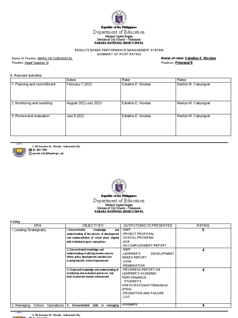 IPCRF Rating Summary for Teacher | PDF | Educational Technology ...