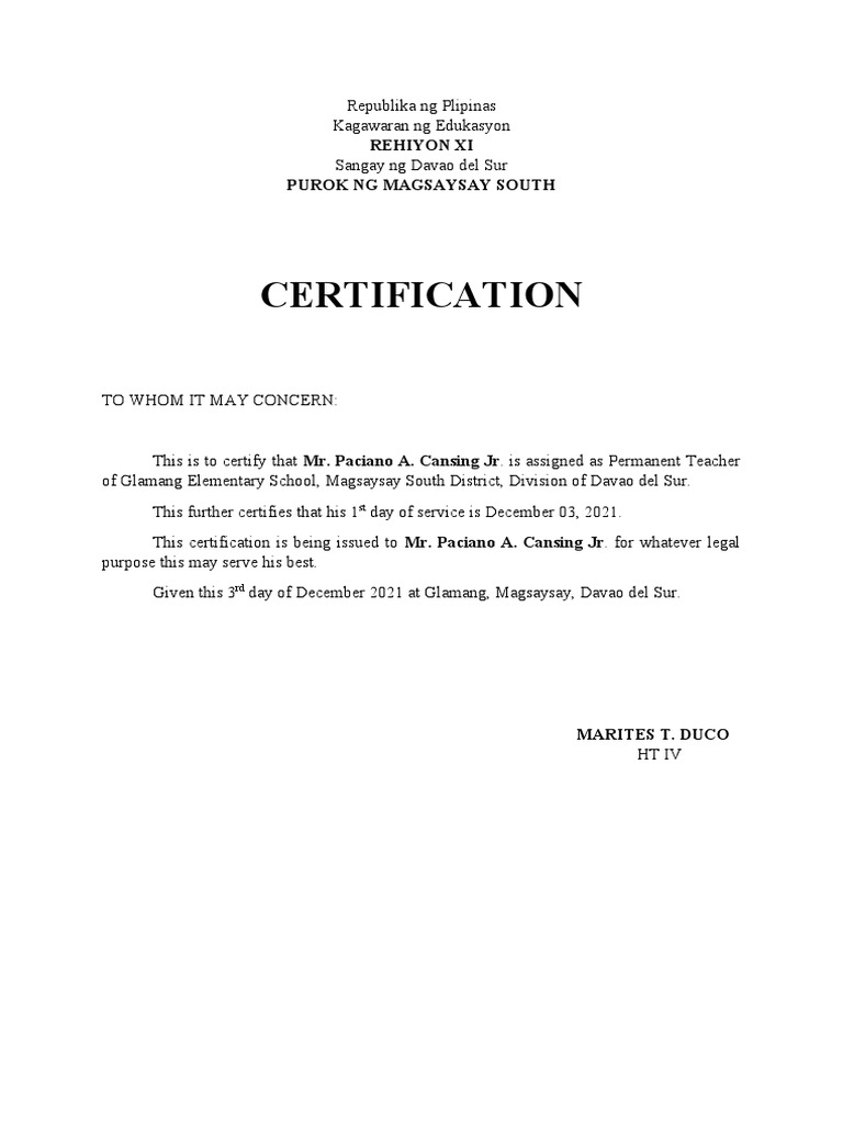 Certification of First Day | PDF
