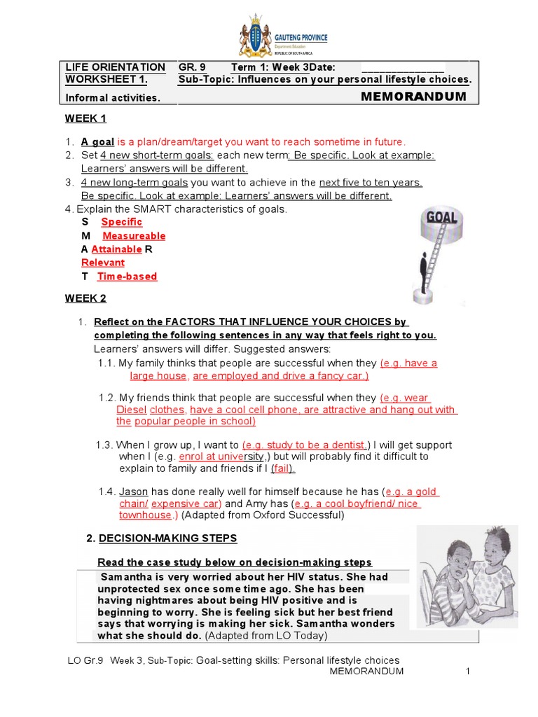 Gr. 9, Term 1, Week - 3, MEMO, Goal - Setting Skills | PDF | Goal ...