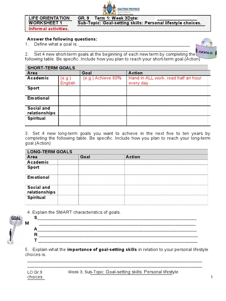 Gr. 9, Term 1, Week 3 Goal-Setting Skills, Personal Lifestyle Choices | PDF | Goal | Goal Setting