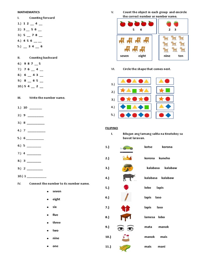 Mathematics & Filipino Kindergarten Quiz | PDF