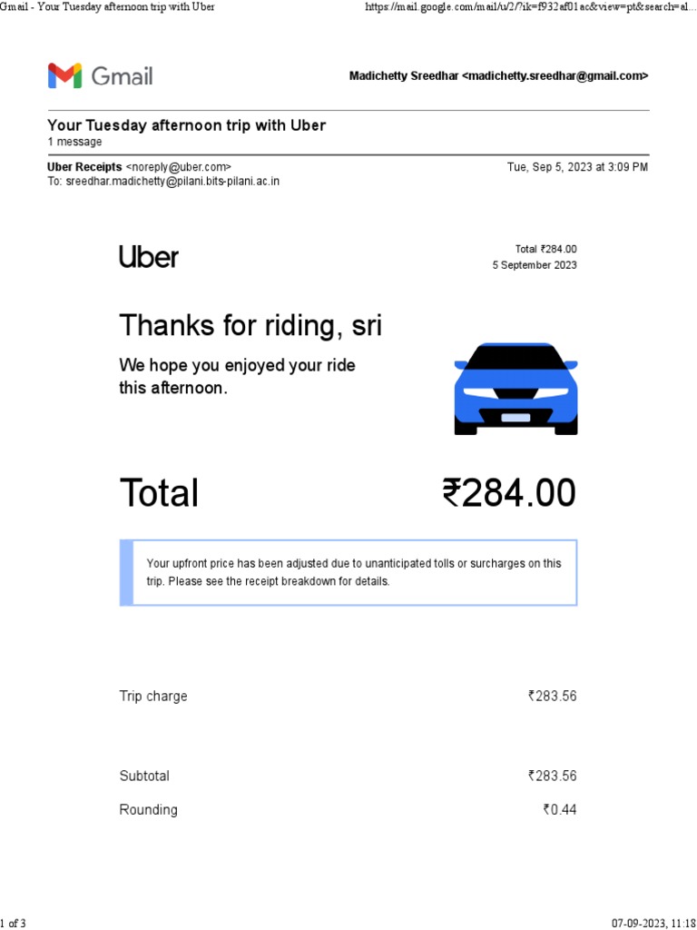 Gmail - Your Tuesday Afternoon Trip With Uber | PDF | Gmail | Service Industries