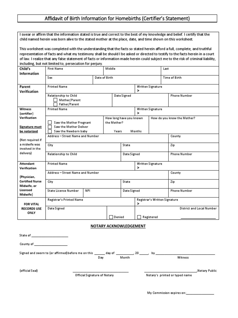 Homebirth Affidavit of Live Birth | PDF | Affidavit | Notary Public