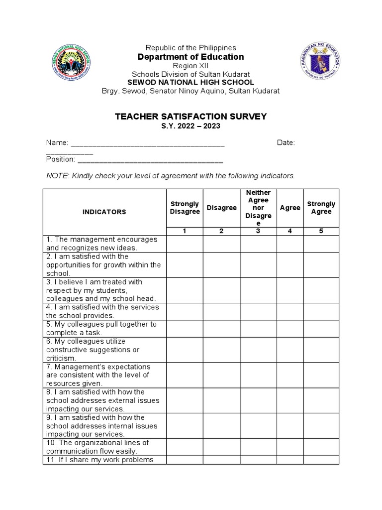 Teacher's Satisfaction Survey 2023 | PDF | Teachers | Behavioural Sciences