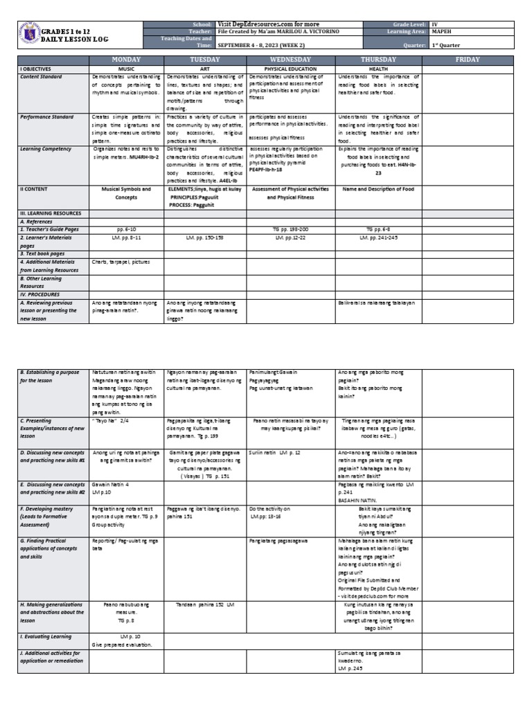 DLL - Mapeh 4 - Q1 - W2 | PDF | Cognition | Cognitive Science