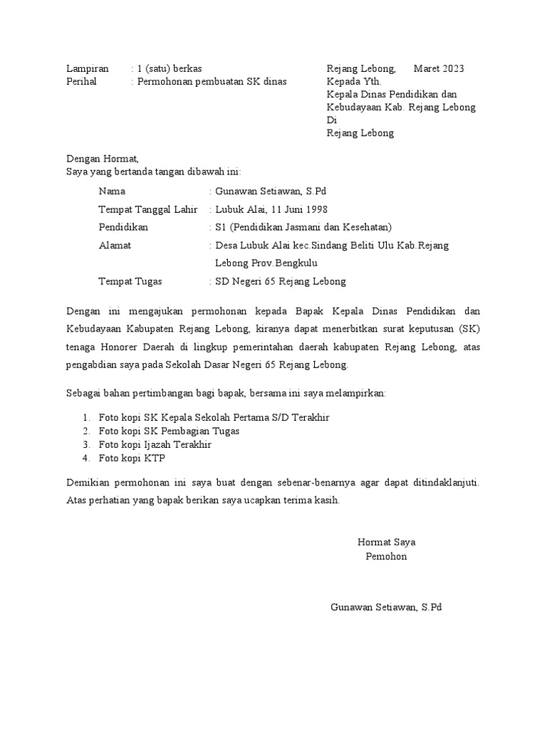 Surat Permohonan SK Dinas | PDF