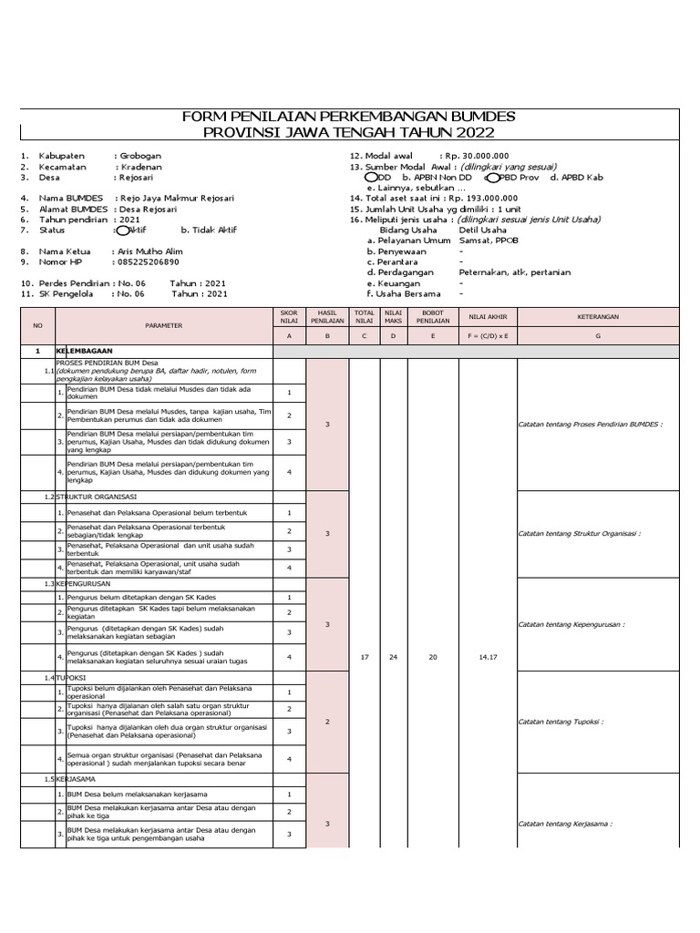 Form Penilaian Bumdes Rejosari | PDF