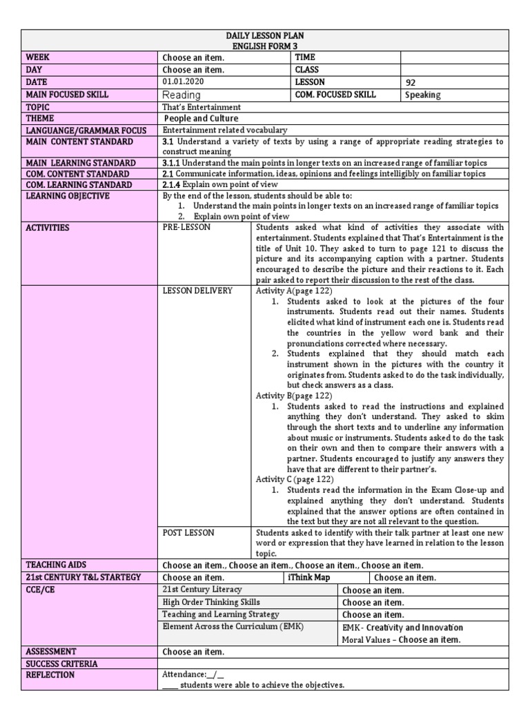 Lesson Plan Form 3 That's Entertainment | PDF