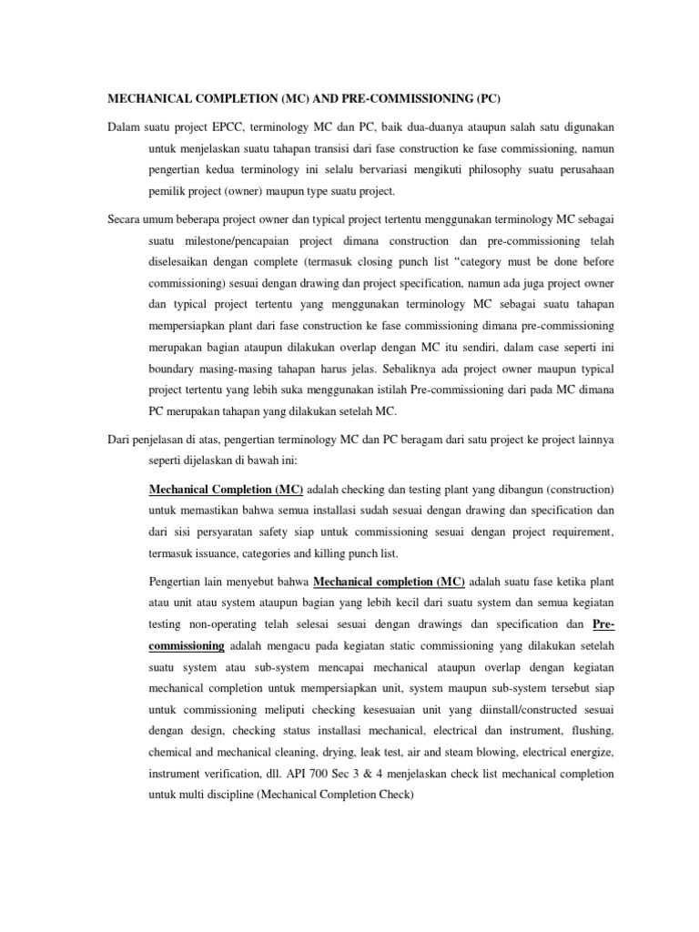 Definisi Mechanical Completion dan Pre-Commissioning | PDF | Komputer