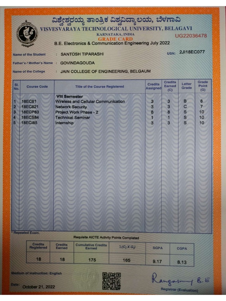 8th Sem Marks Card | PDF