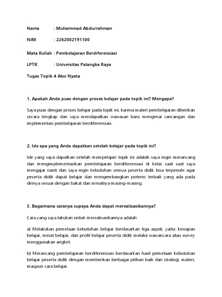 Topik 4 Aksi Nyata Pembelajaran Berdiferensiasi | PDF Topik 4 Aksi Nyata Pembelajaran Berdiferensiasi | PDF