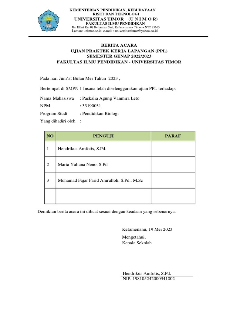 BERITA ACARA UJIAN PPL Fix | PDF