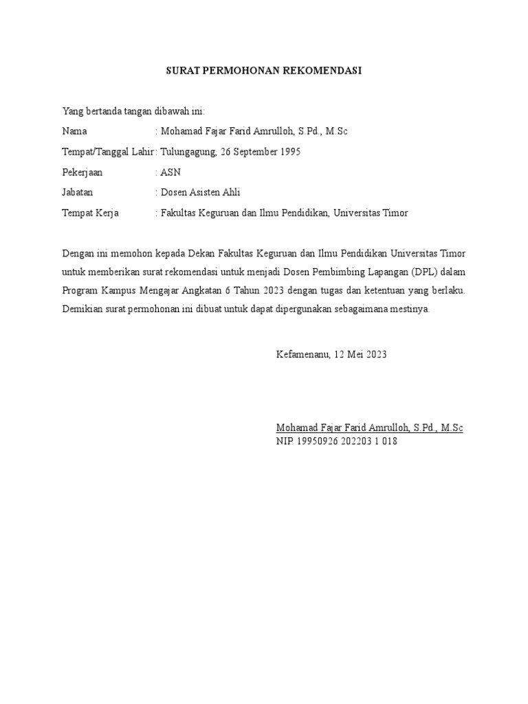 Surat Permohonan Rekomendasi Kampus Mengajar | PDF