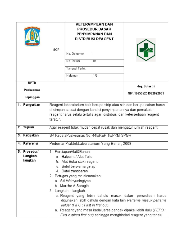 Sop Keterampilan Dan Prosedur Dasar Penyimpanan Dan Distribusi Reagent | PDF