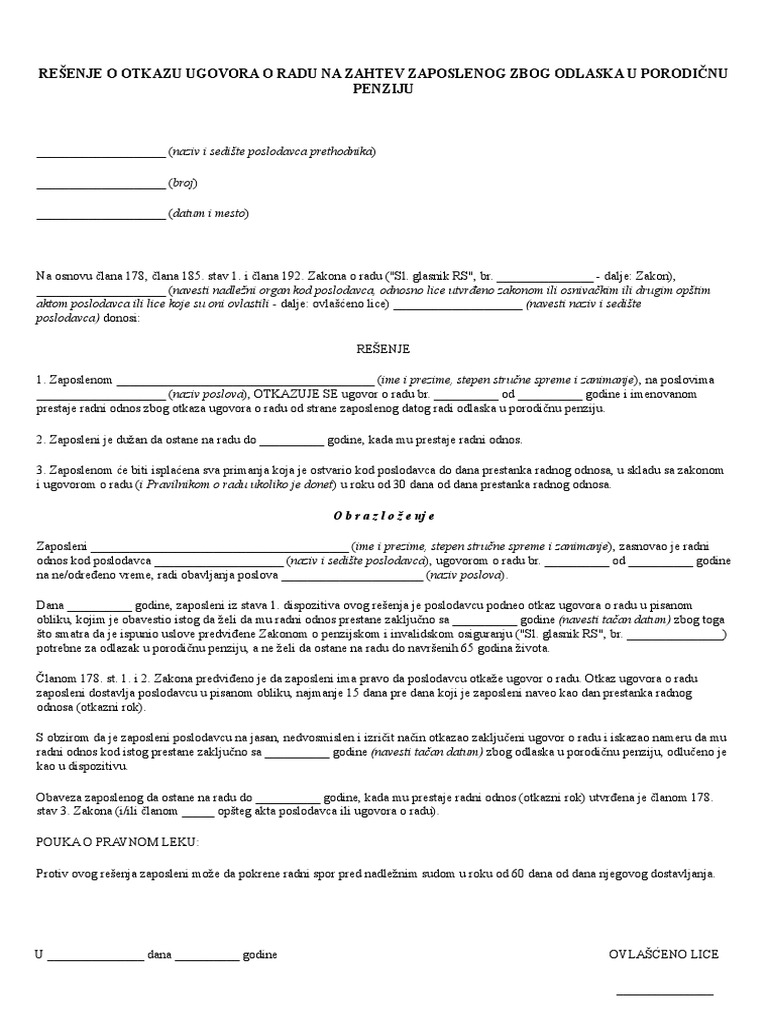 Rešenje O Otkazu Ugovora O Radu Na Zahtev Zaposlenog Zbog Odlaska U ...