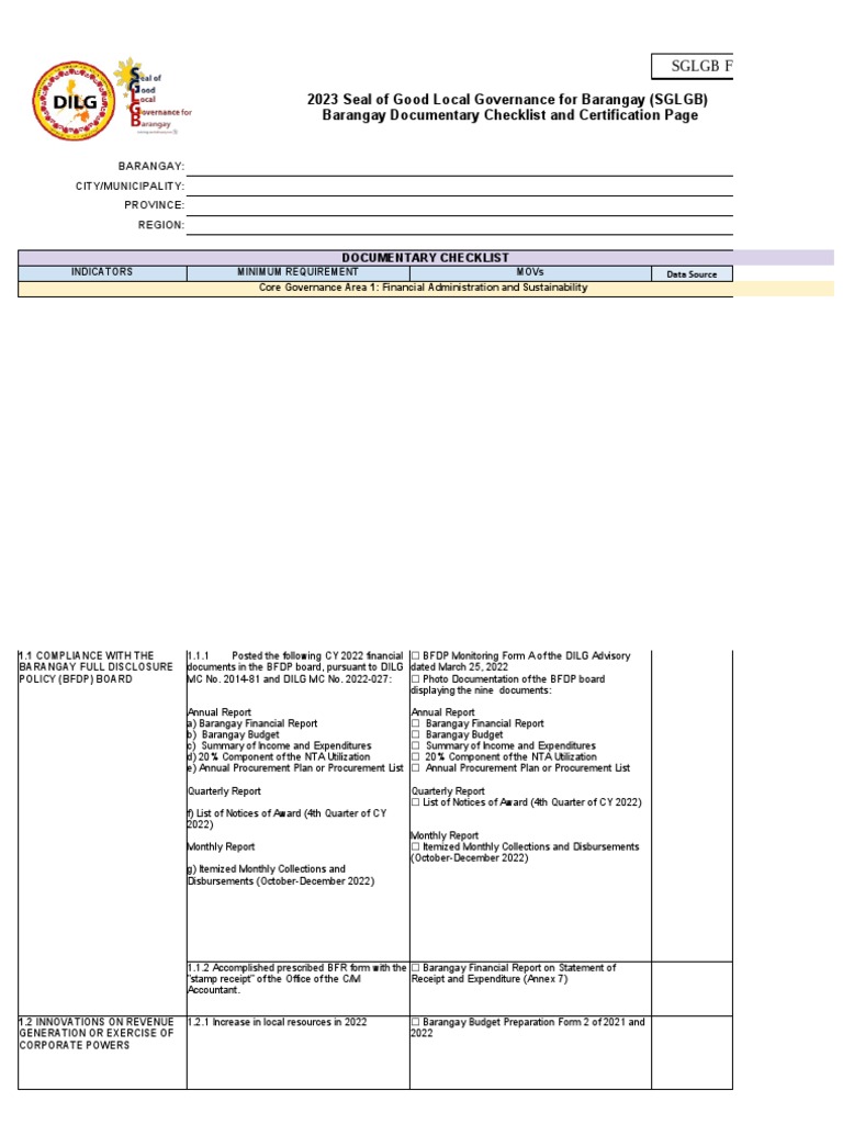 SGLGB 2023 Barangay Compliance Checklist | PDF | Waste | Waste Management