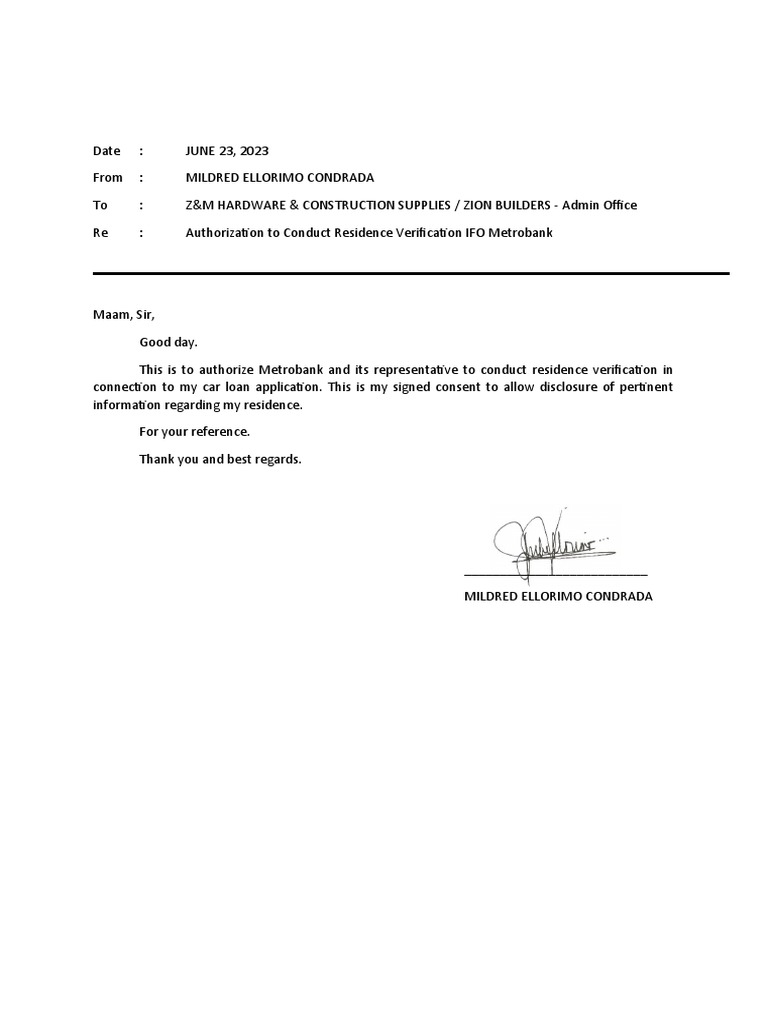 Sample Authorization Letter - Residence Verification | PDF