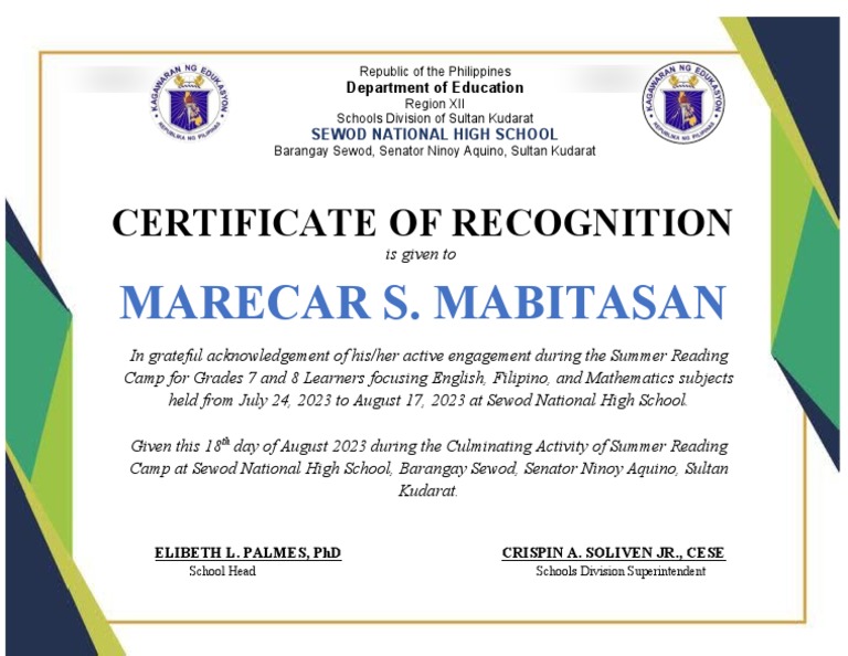 Certificate of Recognition for Volunteer Teacher | PDF
