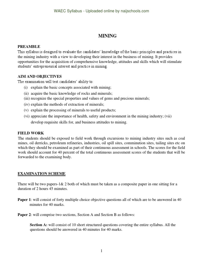 WAEC Syllabus For Mining | PDF