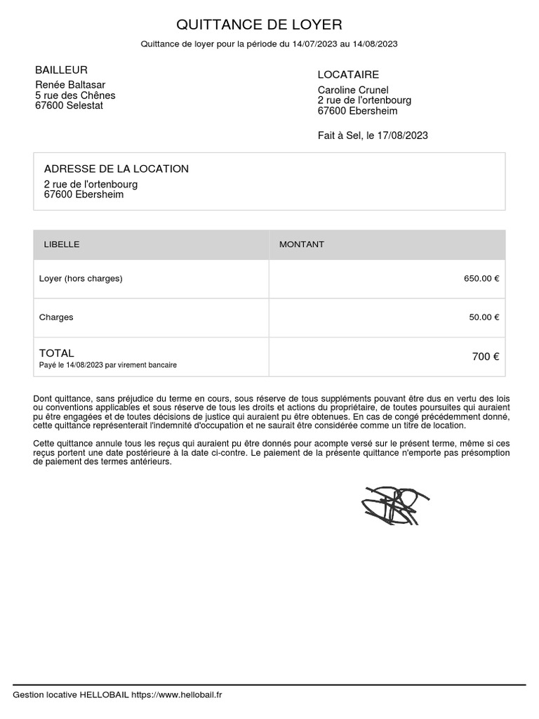 Quittance de Loyer - HELLOBAIL | PDF