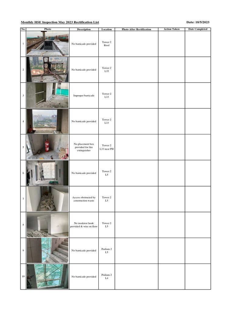Monthly HSE Inspection Rectification List | PDF