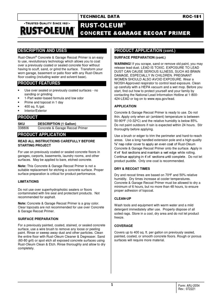 ROC-181 Rust-Oleum Concrete Garage Recoat Primer TDS 2 | Download Free ...
