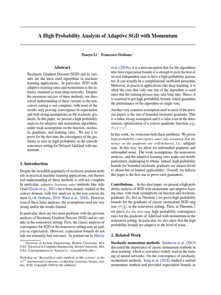 A High Probability Analysis of Adaptive SGD With Momentum | PDF | Mathematics | Mathematical ...